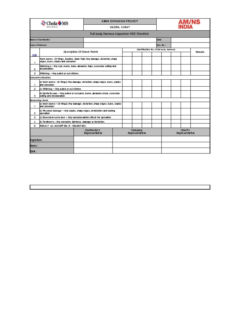 Full Body Harness Inspection HSE Checklist | PDF