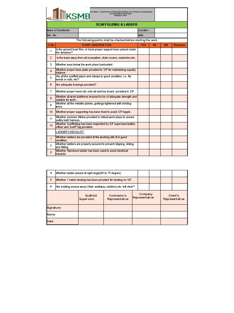 Scaffolding and Ladder Safety Checklist | PDF | Scaffolding | Equipment