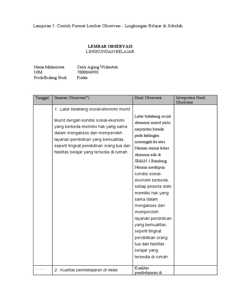Lampiran 5 - Contoh Format Lembar Observasi Lingkungan Belajar Di ...