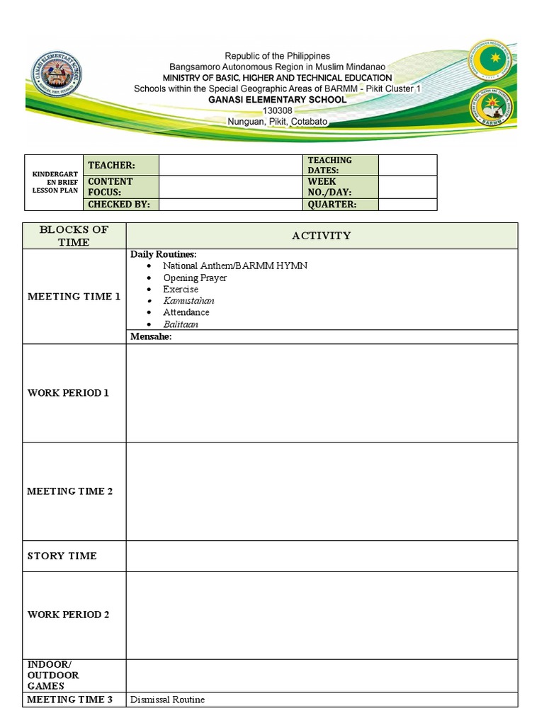 Brief Lesson Plan For Kindergarten | PDF