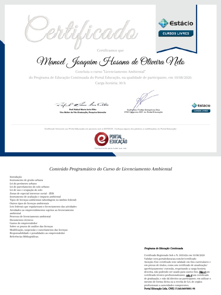 Certificado - Lic. Ambiental - Estácio | PDF