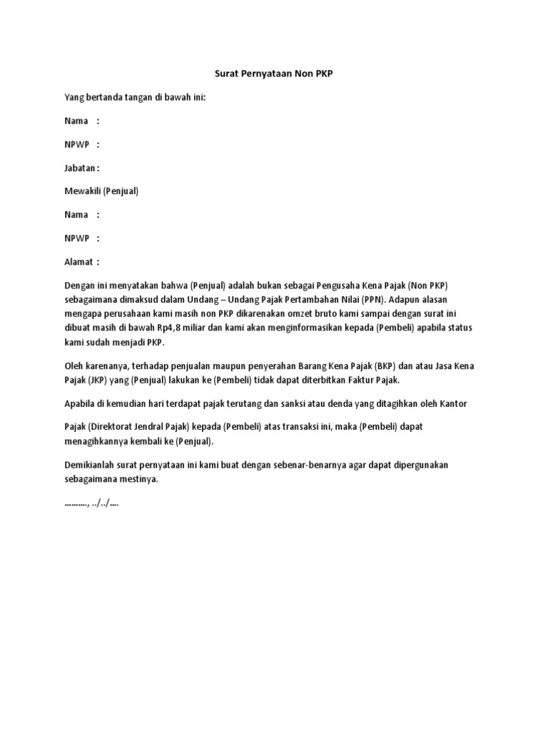 Contoh Surat Pernyataan Non PKP | PDF