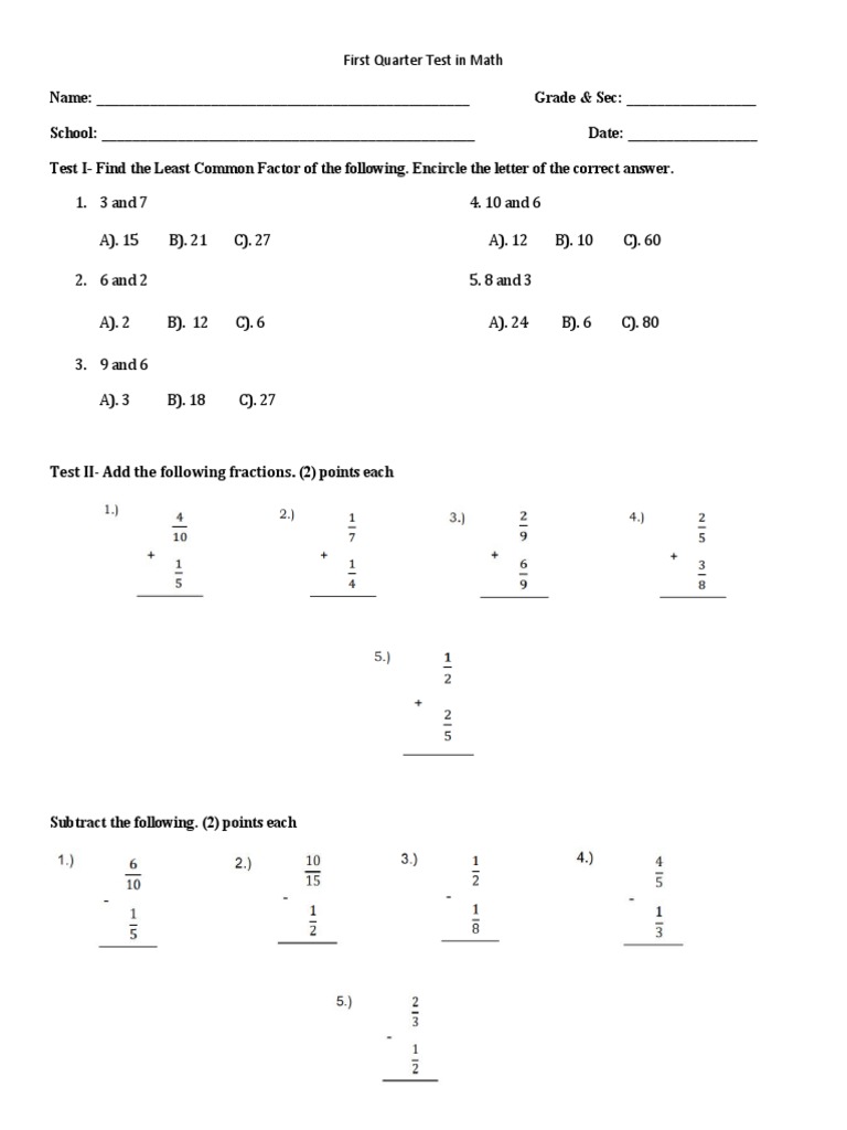 First Quarter Math Test for Grade 4 | PDF