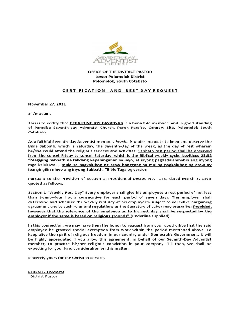 Request for Religious Exemption from Work on Saturdays for an Employee ...