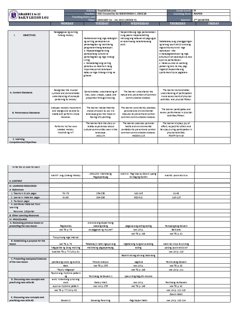 DLL - Mapeh 4 - Q2 - W9 | PDF | Learning | Cognition