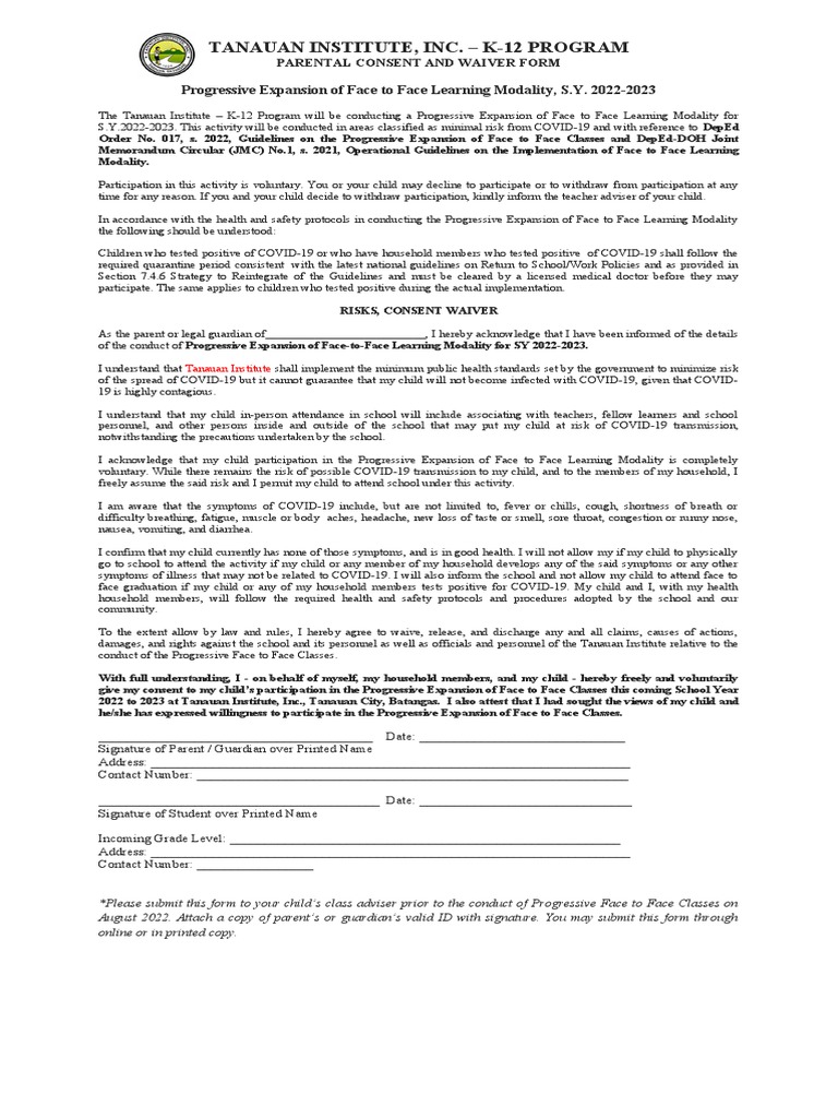 F2F Parental Consent and Waiver Form K To 12 | PDF | Diseases And Disorders | Health Sciences