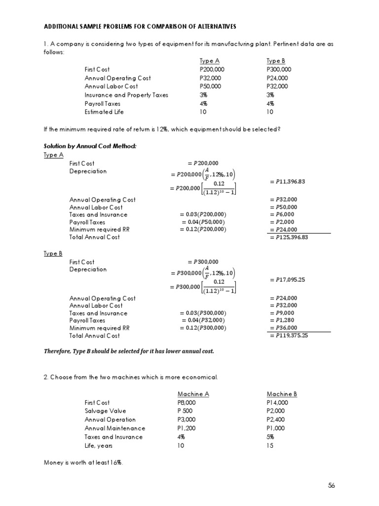 Chapter 4 Additional Sample Problems For Comparison of Alternatives ...