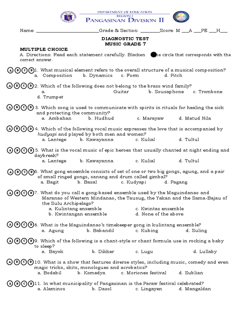 MUSIC 7 - Diagnostic Test | PDF | Music Production | Sound