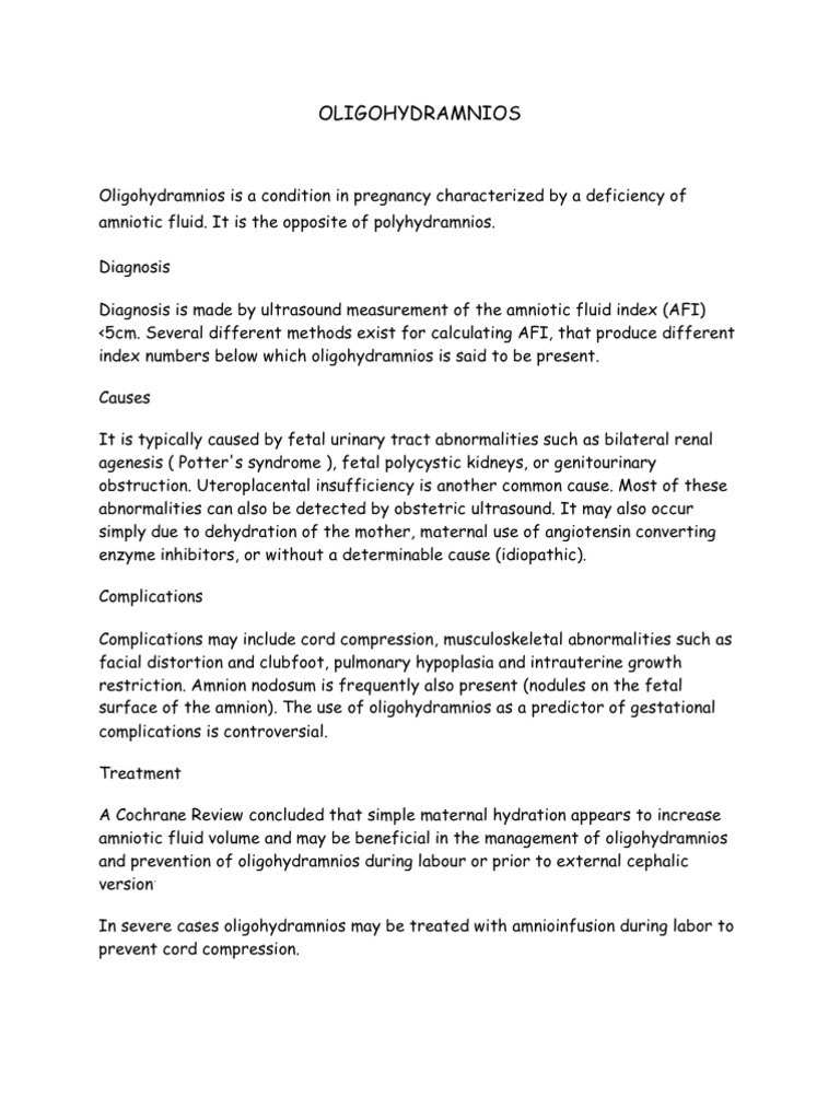 Oligohydramnios: Diagnosis and Management | PDF