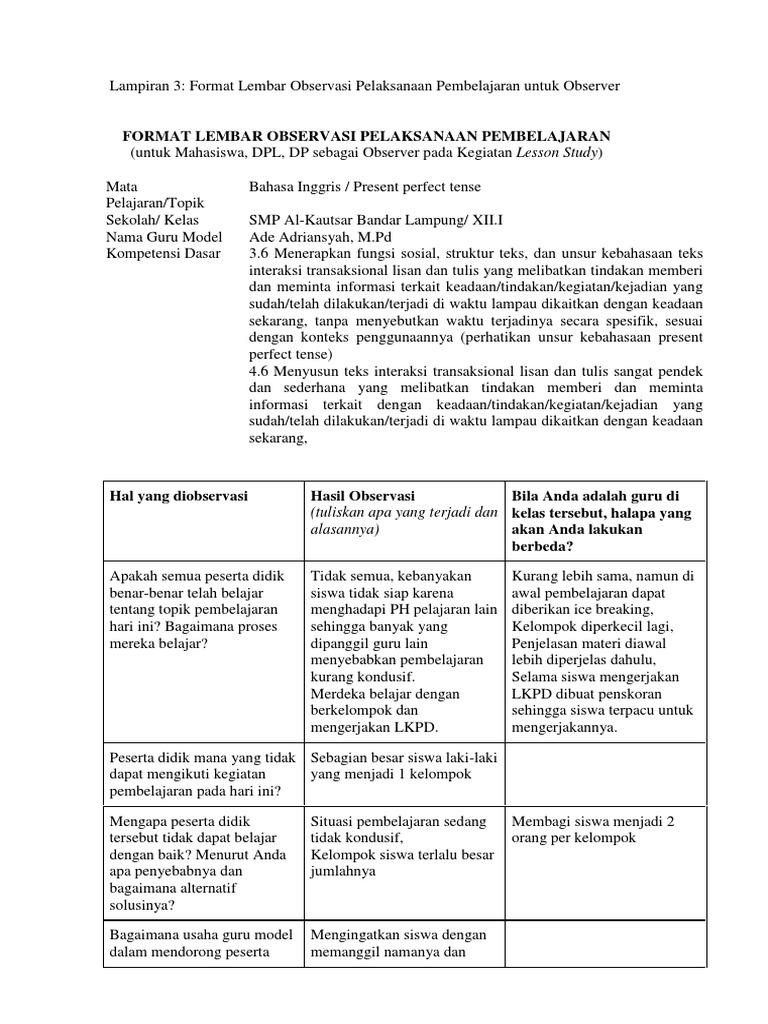 Lampiran 3 - Format Lembar Observasi Pelaksanaan Pembelajaran Untuk Observer | PDF