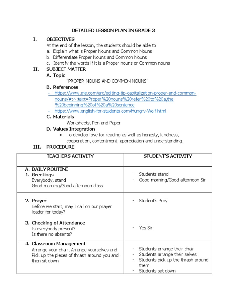 Grade 3 Lesson Plan: Nouns Explained | PDF | Lesson Plan | Adjective