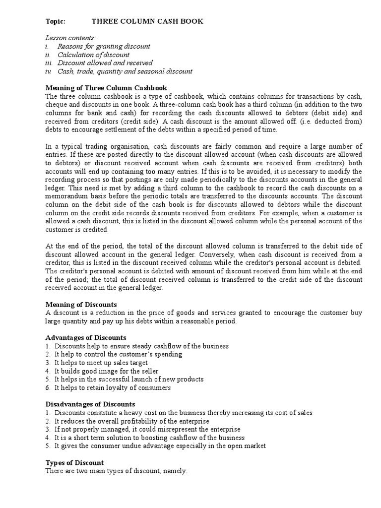 Three Column Cash Book | PDF | Debits And Credits | Discounting