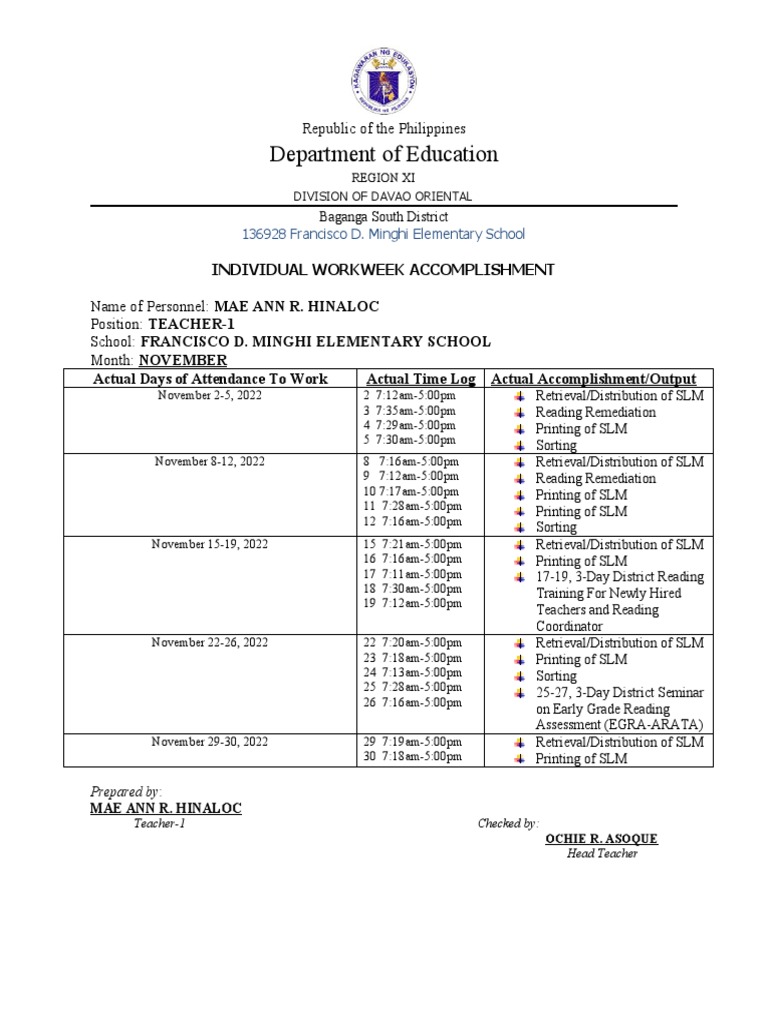 Workweek Accomplishment Report of November | PDF