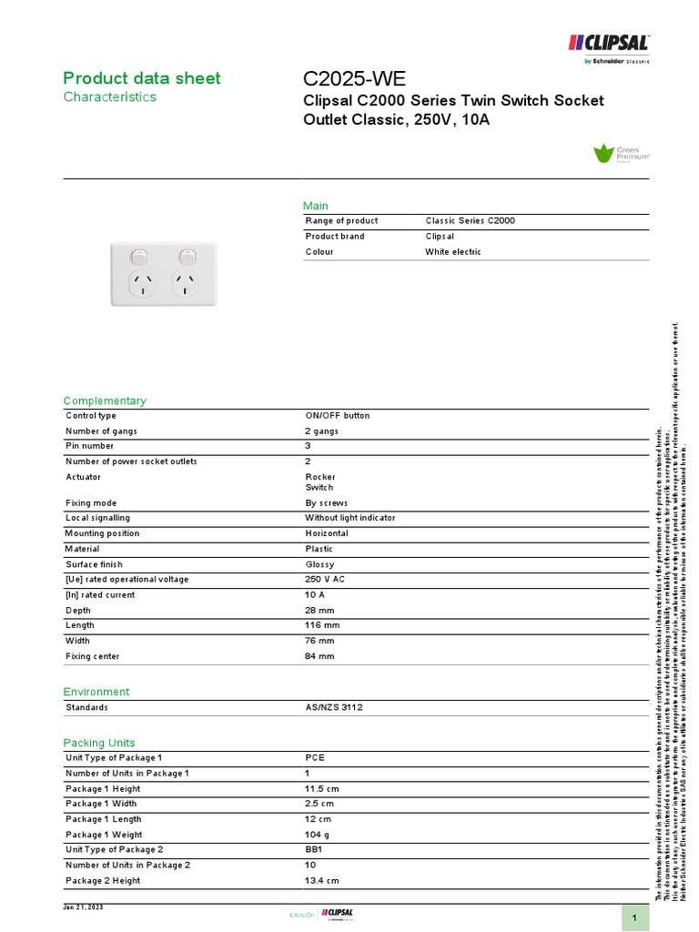 Product Data Sheet: Clipsal C2000 Series Twin Switch Socket Outlet ...