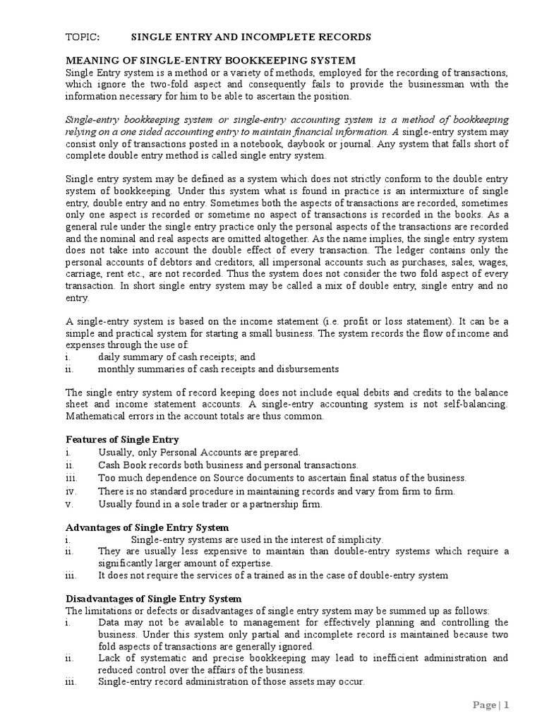 Single Entry and Incomplete Records - Notes | PDF | Bookkeeping ...