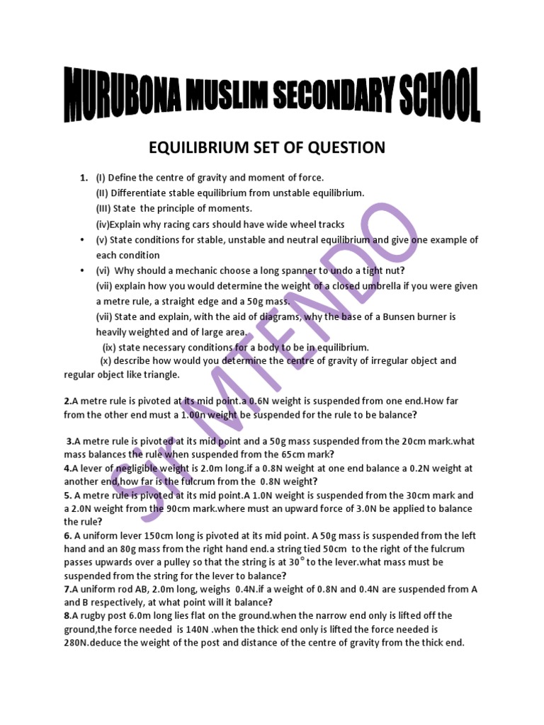 Equilibrium Questions and Solutions | PDF | Home & Garden | Science ...