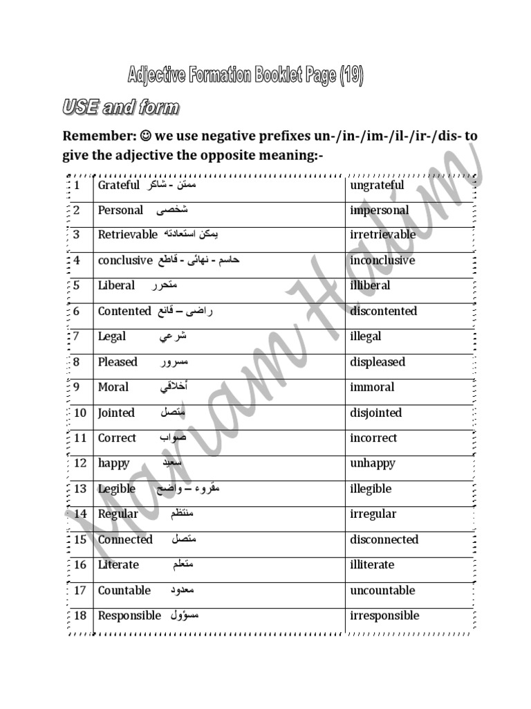Adjective Formation Booklet | PDF | Linguistics | Linguistic Morphology