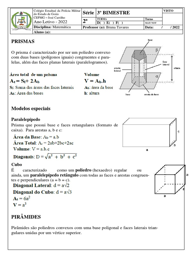PRISMAS E PIRÂMIDES 2 ANO 3 BIM | PDF | Geometria Clássica | Geometria Elementar