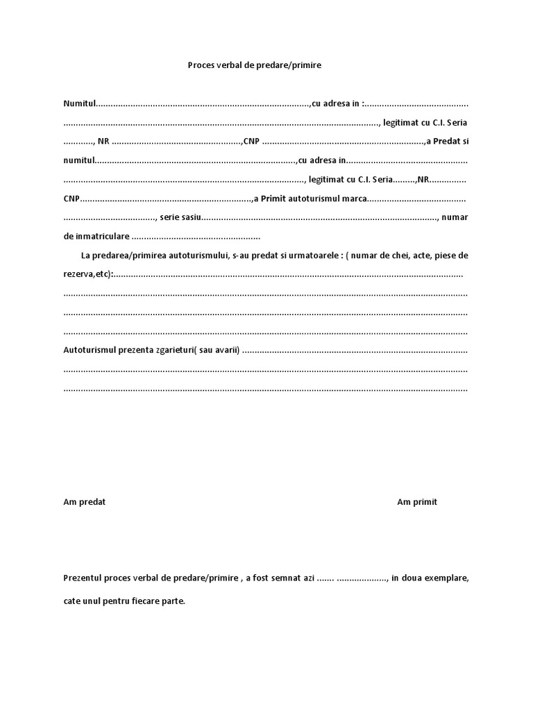 Proces Verbal de Predare Auto | PDF