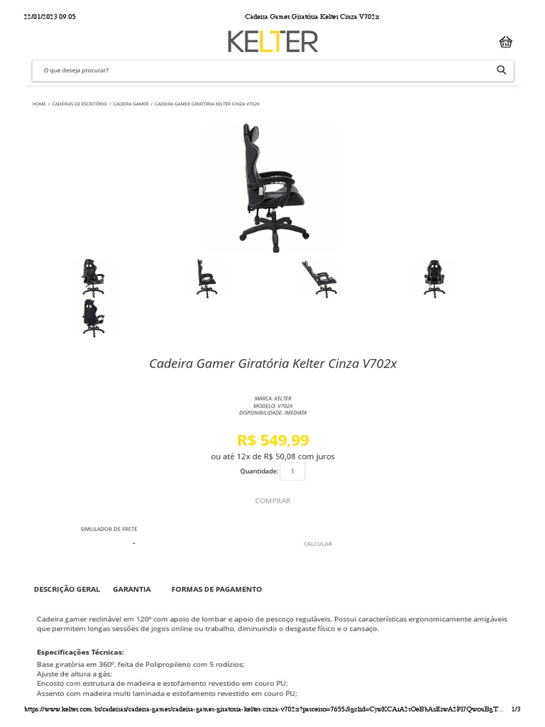 Cadeira Gamer Giratória Kelter Cinza V702x | PDF