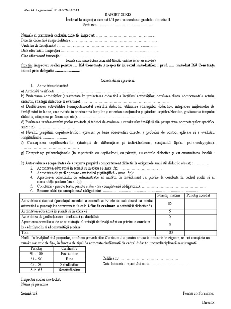 Raport Scris Inspectie Curenta Grad II | PDF