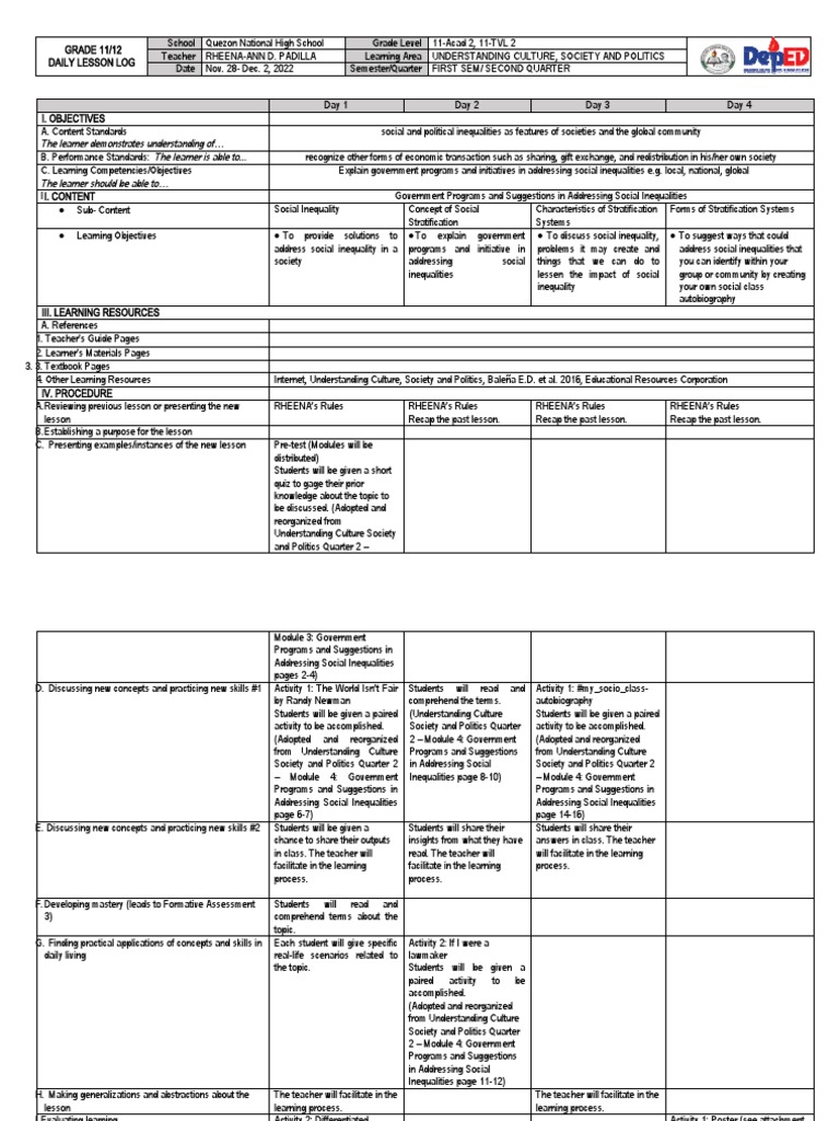 UCSP DLL 4th WK | PDF | Learning | Teachers