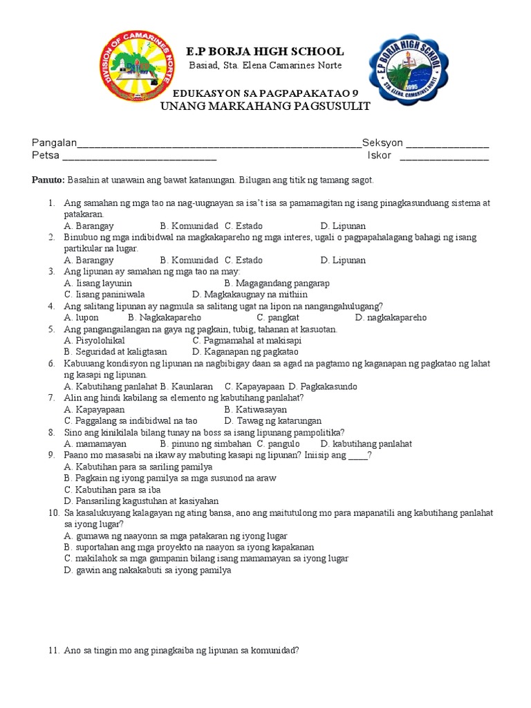 1ST Quarter ESP Exam | PDF