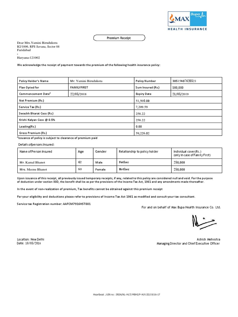 Max Bupa Premium Reeipt Parents PDF | PDF | Insurance | Government Finances