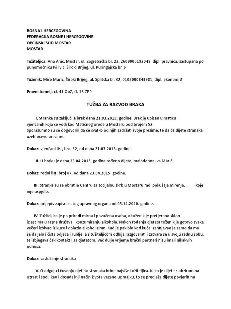 Odgovor Na Tužbu Za Razvod Braka | PDF