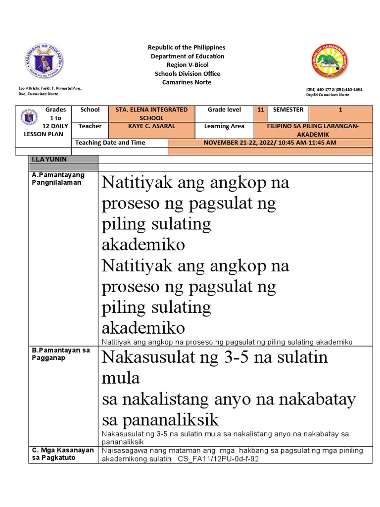 Filipino Sa Piling Larang-Akademik 11 DLP 1 | PDF