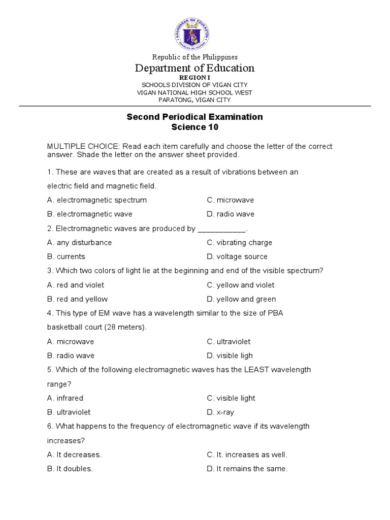 Science 10 Electromagnetic Waves Exam | PDF | Electromagnetic Radiation ...