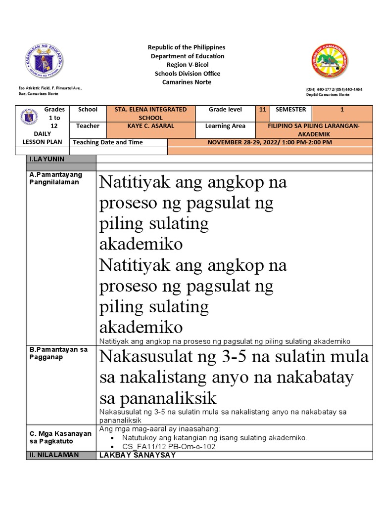 Filipino Sa Piling Larang 11 DLP 3 | PDF