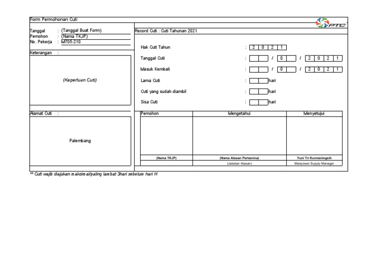 Form Permohonan Cuti TKJP (PTC) | PDF
