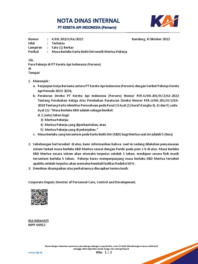 Nota Dinas Internal: PT Kereta Api Indonesia (Persero) | PDF | Bisnis ...