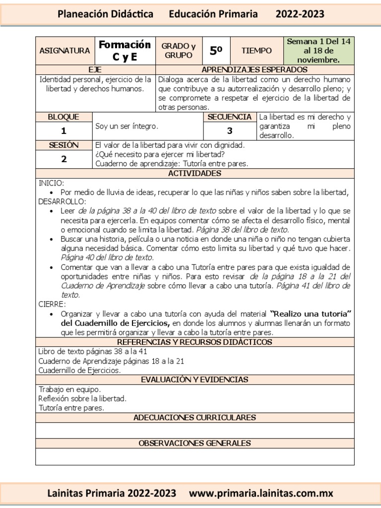 Noviembre - 5to Grado Formación C y E (2022-2023) | PDF | Educación primaria | Evaluación