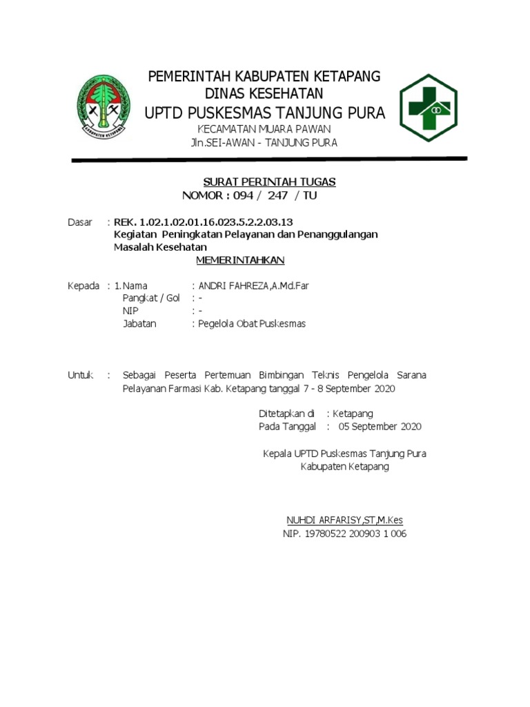 Contoh Surat Tugas Puskesmas 2020 | PDF