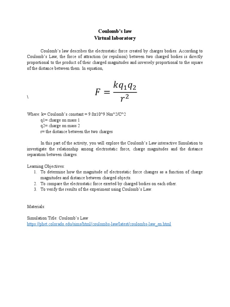 Coulomb's Law Activity | PDF | Electrostatics | Electric Charge