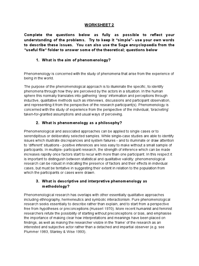 Worksheet 2 | PDF | Phenomenology (Philosophy) | Hermeneutics