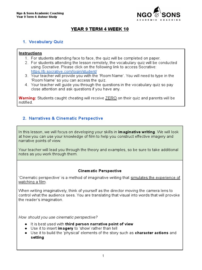 Hannah Nguyen - Year 9 Term 4 Week 10 Handout | PDF | Narrative | Narration