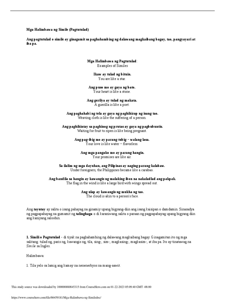 Mga Halimbawa NG Simile | PDF