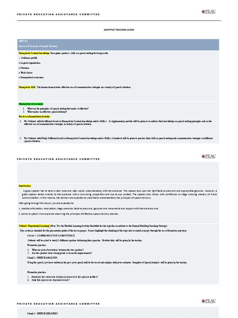 Adaptive Teaching Guide for Speech Delivery | PDF | Learning | Speech