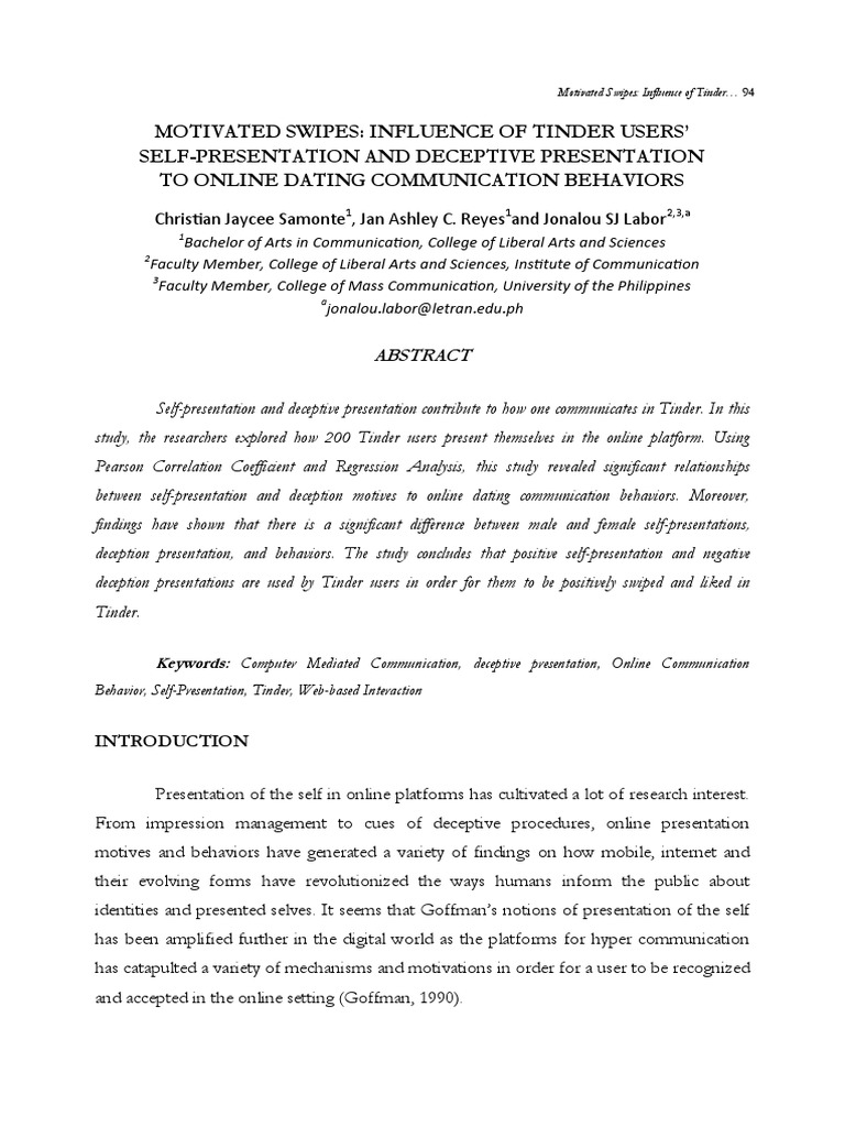 Motivated Swipes: Influence of Tinder Users' Self-Presentation and Deceptive Presentation To ...