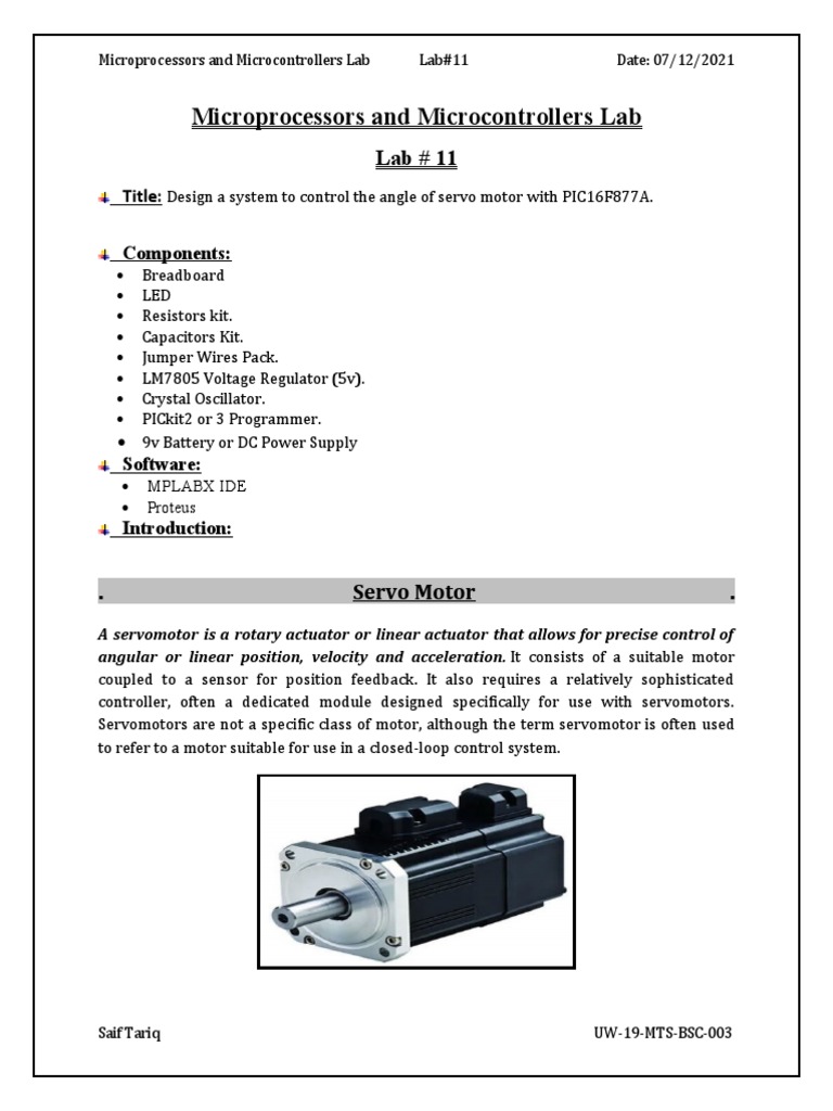 Microprocessors and Microcontrollers Lab: Title: Components | PDF | Electric Motor | Servomechanism