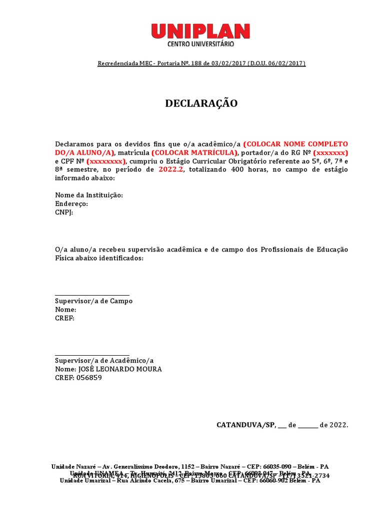 Declaração Educação Física - Total Carga Horaria - Uniplan | PDF