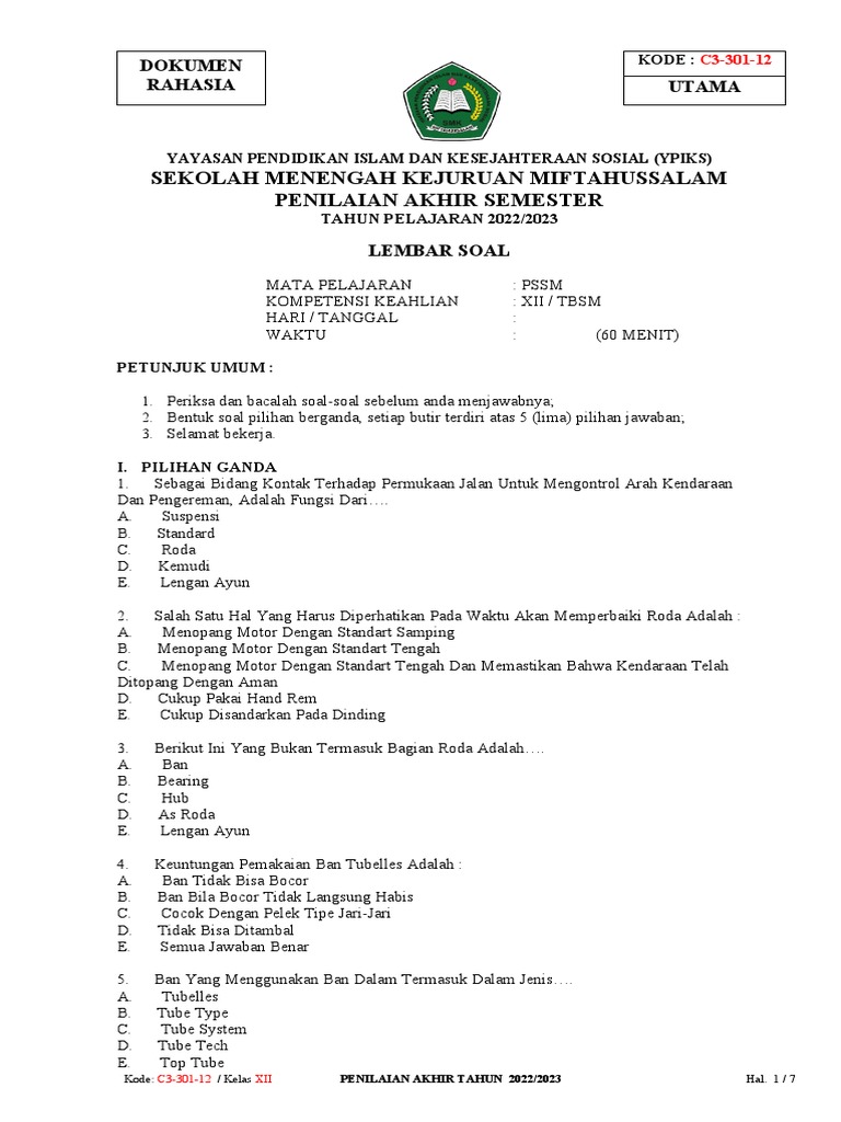 Soal PAS PSSM 12 TBSM | PDF
