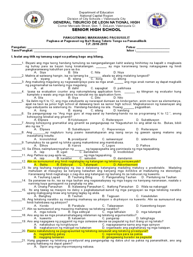 Panggitnang Pagsusulit Sa Pagbasa | PDF