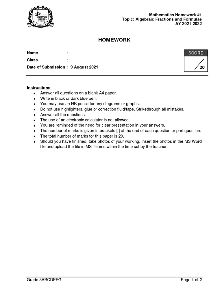 Grade 8 Algebraic Fractions Homework | PDF | Mathematics