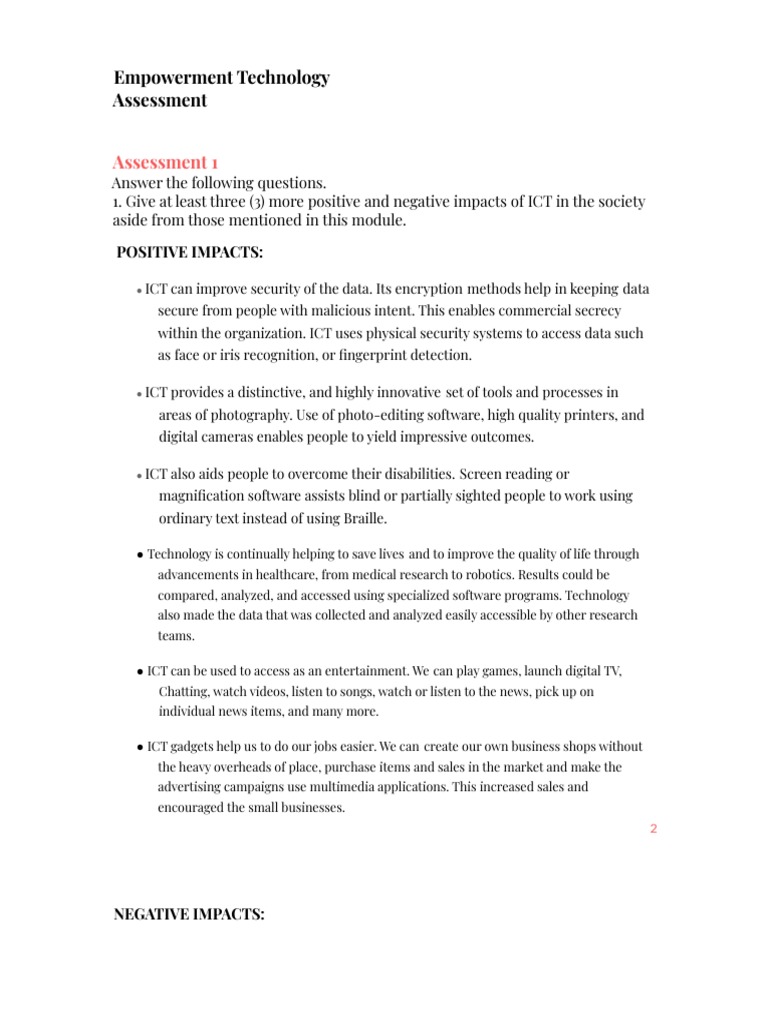 Assessment 1 - EMPTECH | PDF | Information And Communications Technology | Visual Impairment