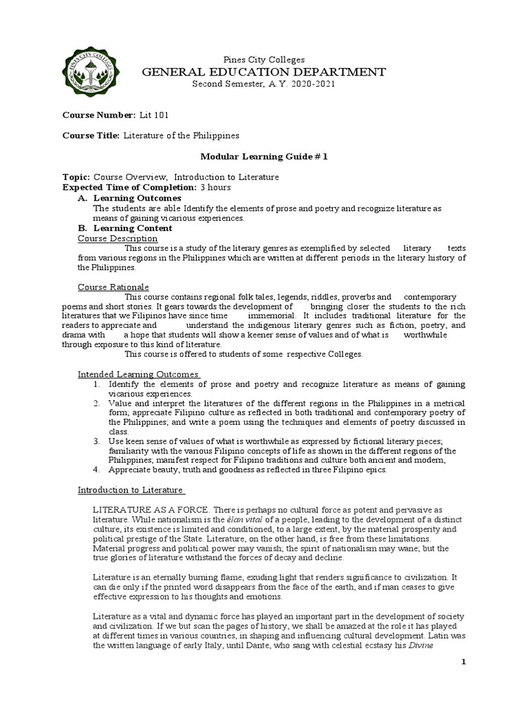 Module 1 Lit 101 | PDF | Philippines | Poetry