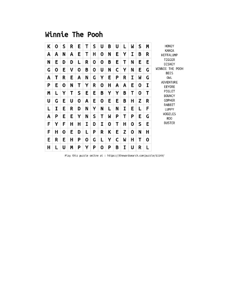Winnie The Pooh Find The Word Worksheet For Kids | PDF